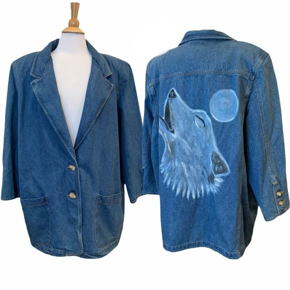 Gitano | Jackets & Coats | Vintage 8s Gitano Denim Jean Jacket Diy Wolf Painted On Back Size 20w ...